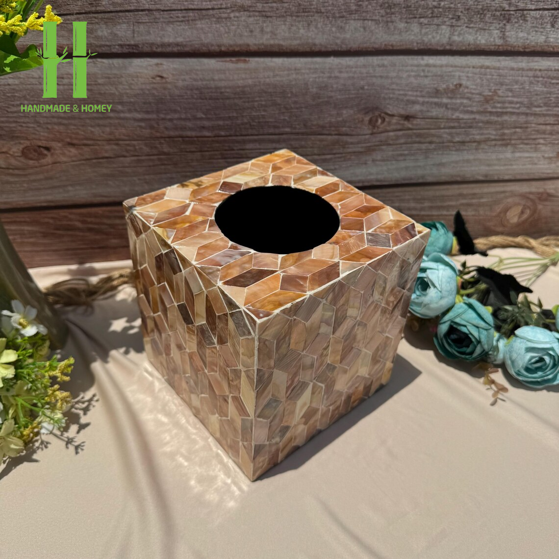 Tissue Box & Trash Bin: TM 001 Mother of Pearl Inlay Tissue Box