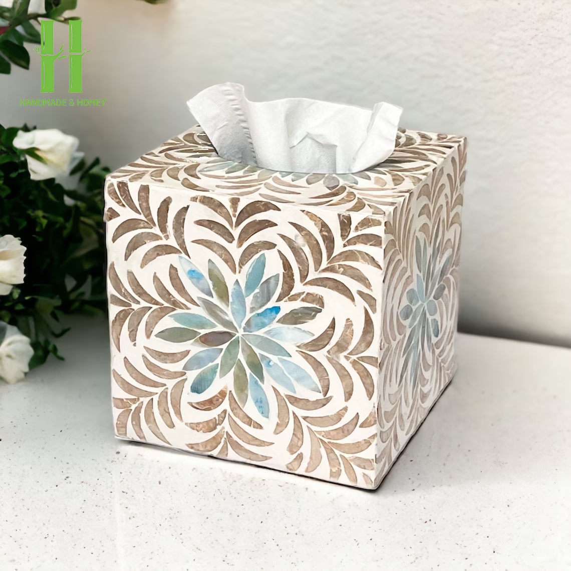 Tissue Box & Trash Bin: TM 007 Mother of Pearl Inlay Tissue Box